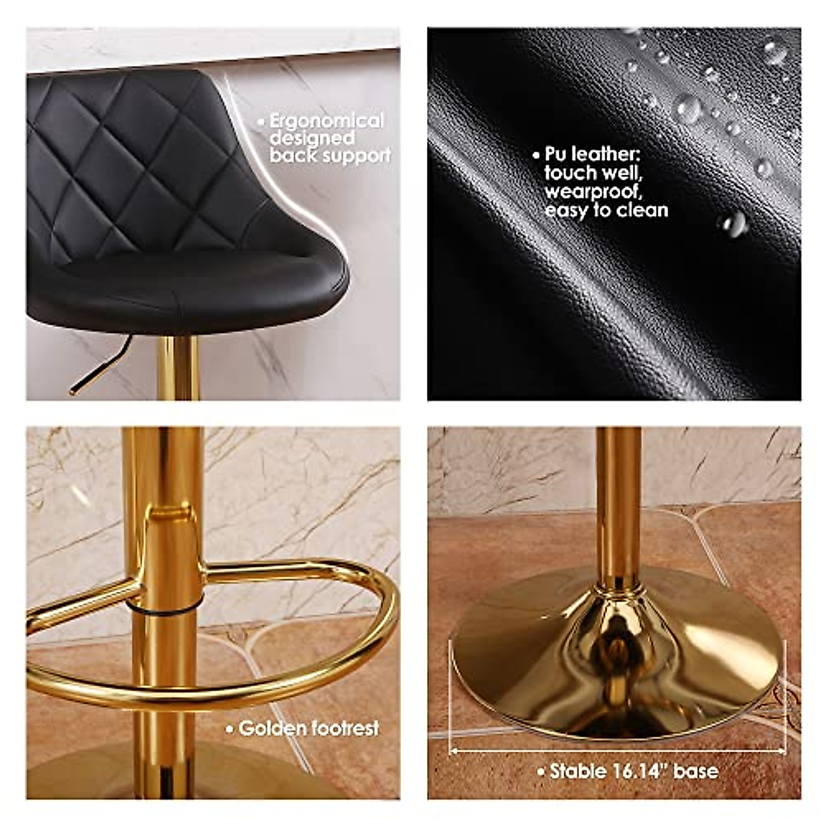 Chummaven Black PU Leather Swivel Counter Height Bar Stools, Adjustable Bar Chairs Set of 2, Modern Barstools Lift Stools with Mid Back and Gold Footrest for Kitchen Pub Dining Room Counter