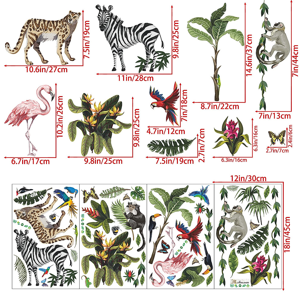 RW-4963 Creative Jungle Animals Wall Decals Wild Safari Animals Wall Stickers DIY Removable Green Tree Monkey Leopard Zebra Birds Butterfly Animals Plants Decor for Kids Bedroom Living Room Nursery