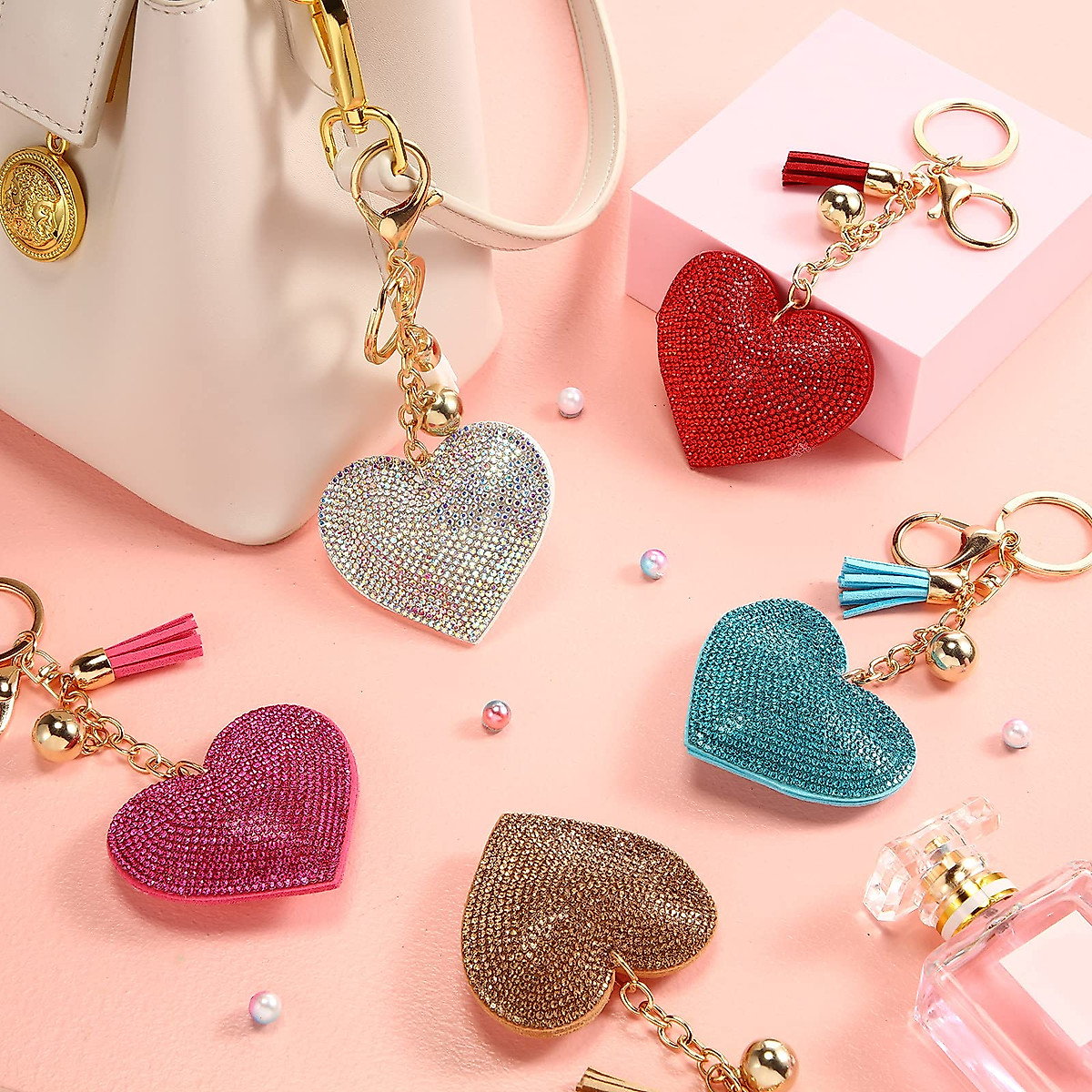 Bling Rhinestone Heart Shape Keychains Glitter Crystal Heart Tassel Keychains Key Rings for Women Girls (Mixed Color, 10)