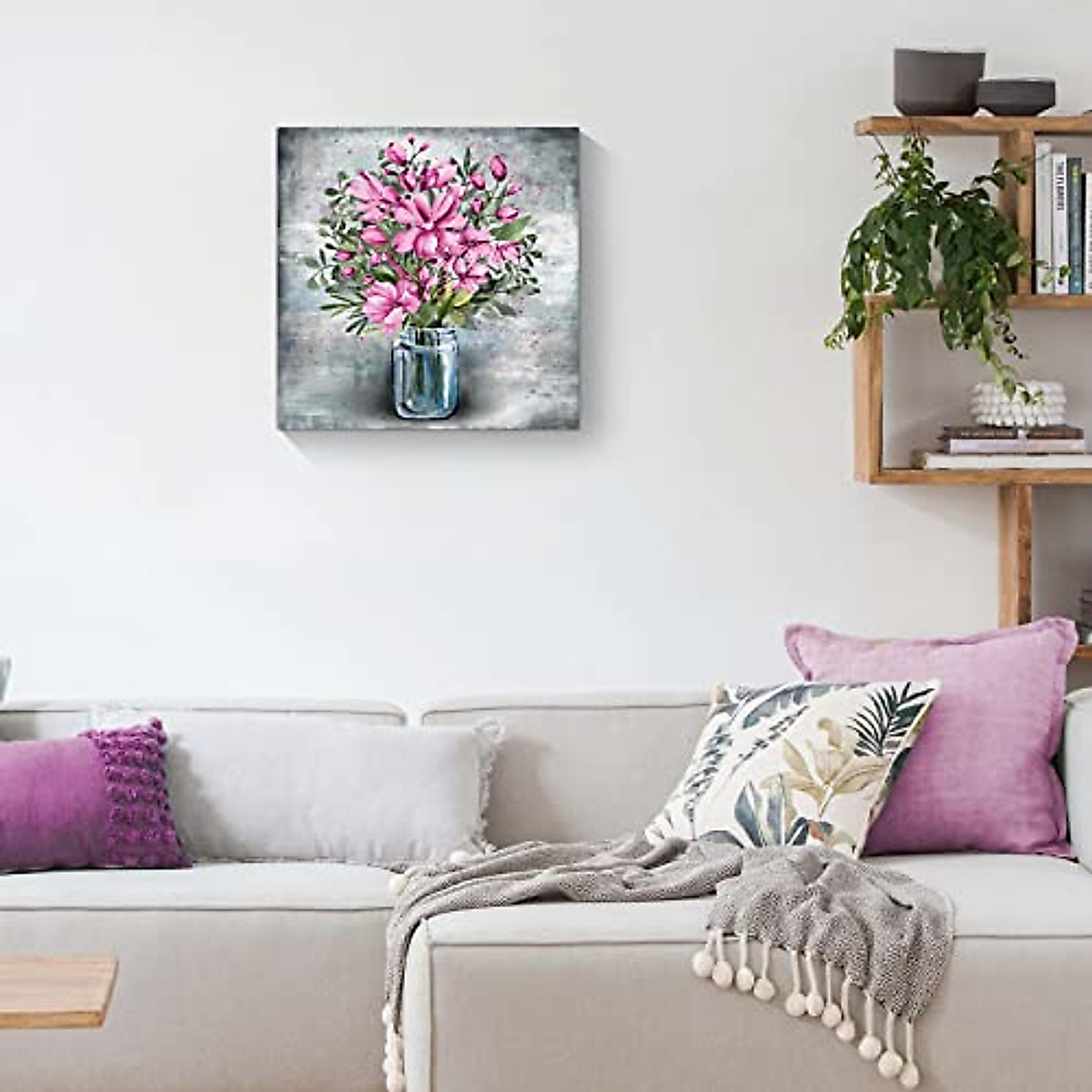 StrLon Bathroom Wall Decor Floral Canvas Wall Art Pink Flower in Blue Bottle Hand Painted Artwork for Kitchen Bedroom Office Ready to Hang Size 14"X14"