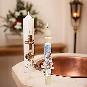 Needzo Catholic Baptism Candle for Girls, Pillar Candles with Ribbon, Faux Flowers, and Image of Infant, Baptismal Gift, 11.25 inches Tall