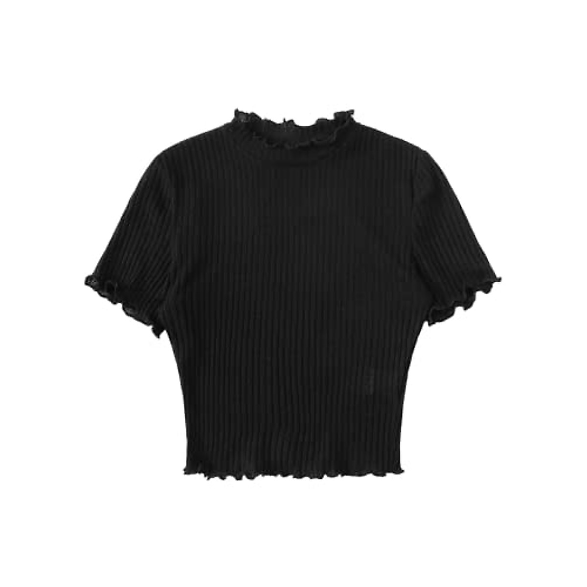 SweatyRocks Women's Lettuce Trim Ribbed Knit Short Sleeve Crop Top T-Shirt Black S
