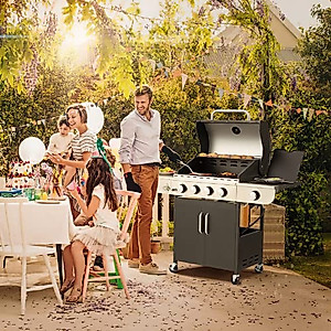 MELLCOM 4 Burner BBQ Propane Gas Grill, 36,000 BTU Stainless Steel Patio Garden Barbecue Grill with Stove and Side Table
