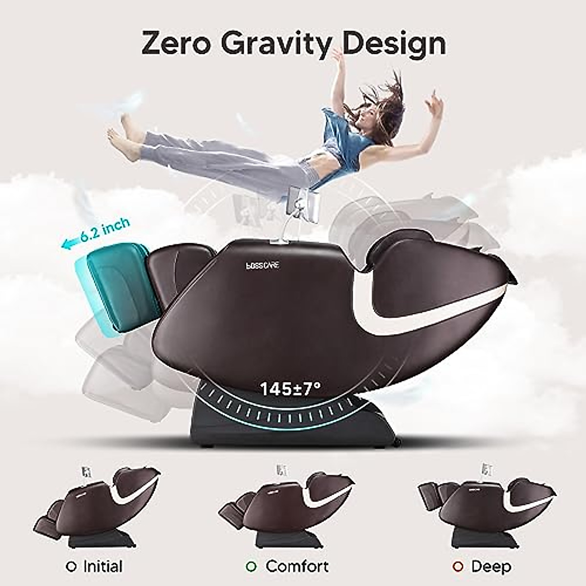 BOSSCARE Zero Gravity Massage Chair, Voice Control Full Body Airbag Massage Recliner with Back Heating, Electric Extendable Footrest, Foot Roller, Bluetooth Speaker, Touch Screen for Family & Friends