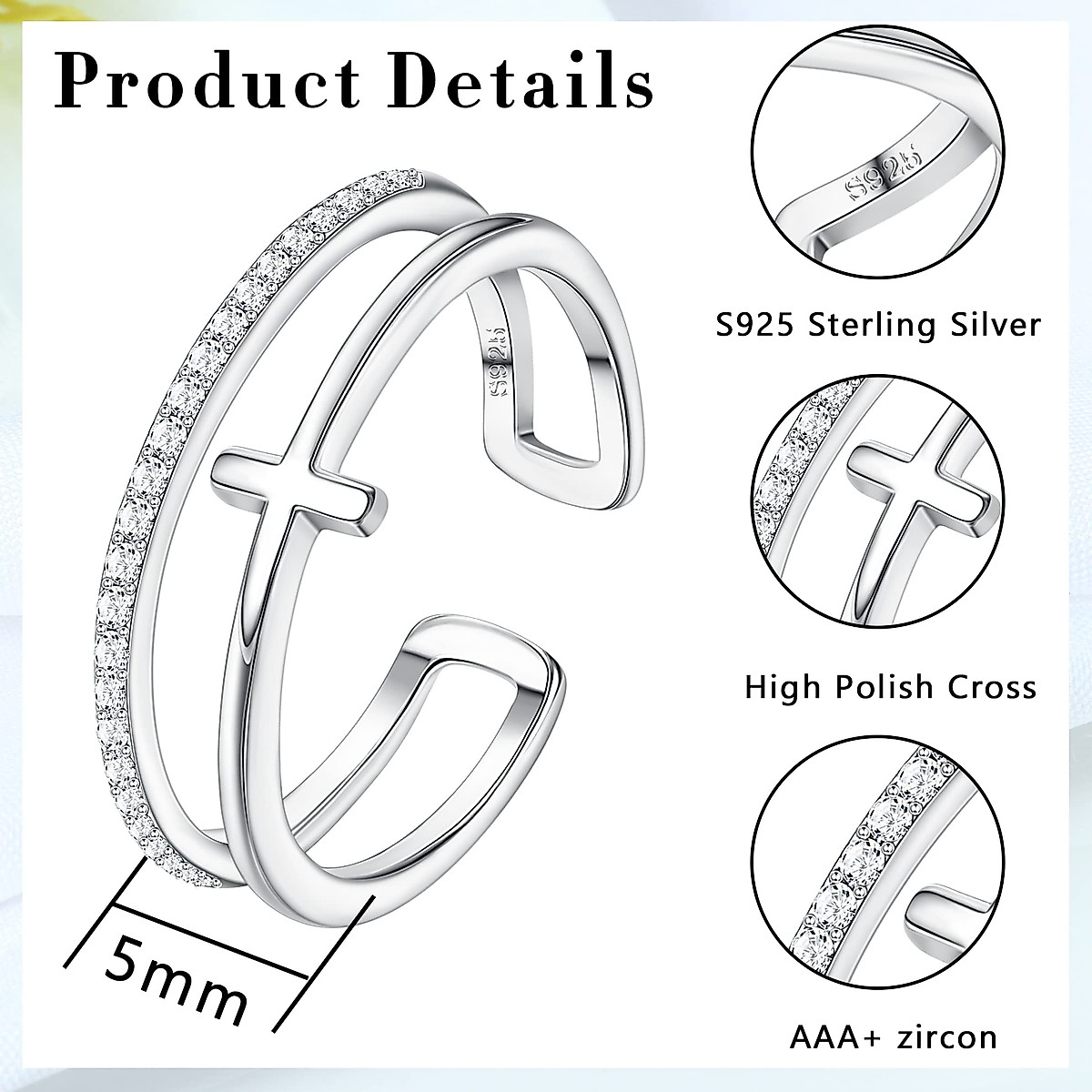 YADOCA 925 Sterling Silver Cross Ring for Women Adjustable Cross Love Open Ring Stackable Cubic Zirconia Cross Ring Pray Through It Ring Christian Religious Ring