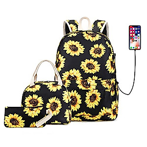 Sunflower Backpack Set for Teen Girls Bookbag School backpack Set with Lunch Bag and Pencil Bag 3 in 1