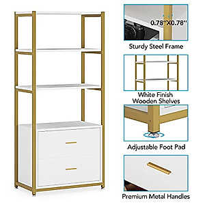 Tribesigns Bookcase, 4-Tier Bookshelf with 2 Drawers, Etagere Standard Book Shelves Display Shelf for Home Office (Gold/White)