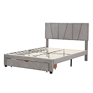 DHPM Queen Size Upholstered Platform Bed with 1 Large Drawer, Wood Bed Frame with Wing Back Headboard, Solid Wood Slats Supported, No Box Spring Needed
