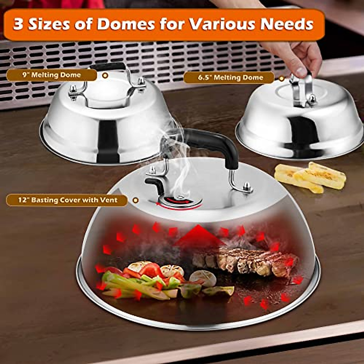 3Pcs Basting Cover & Burger Press Set, Leonyo 12" & 9" & 6.5" Round Cheese Melting Dome, Heavy Duty Griddle Dome Steam Lids, Stainless Steel Bacon Press for BBQ Flat Top Grill Cast Iron
