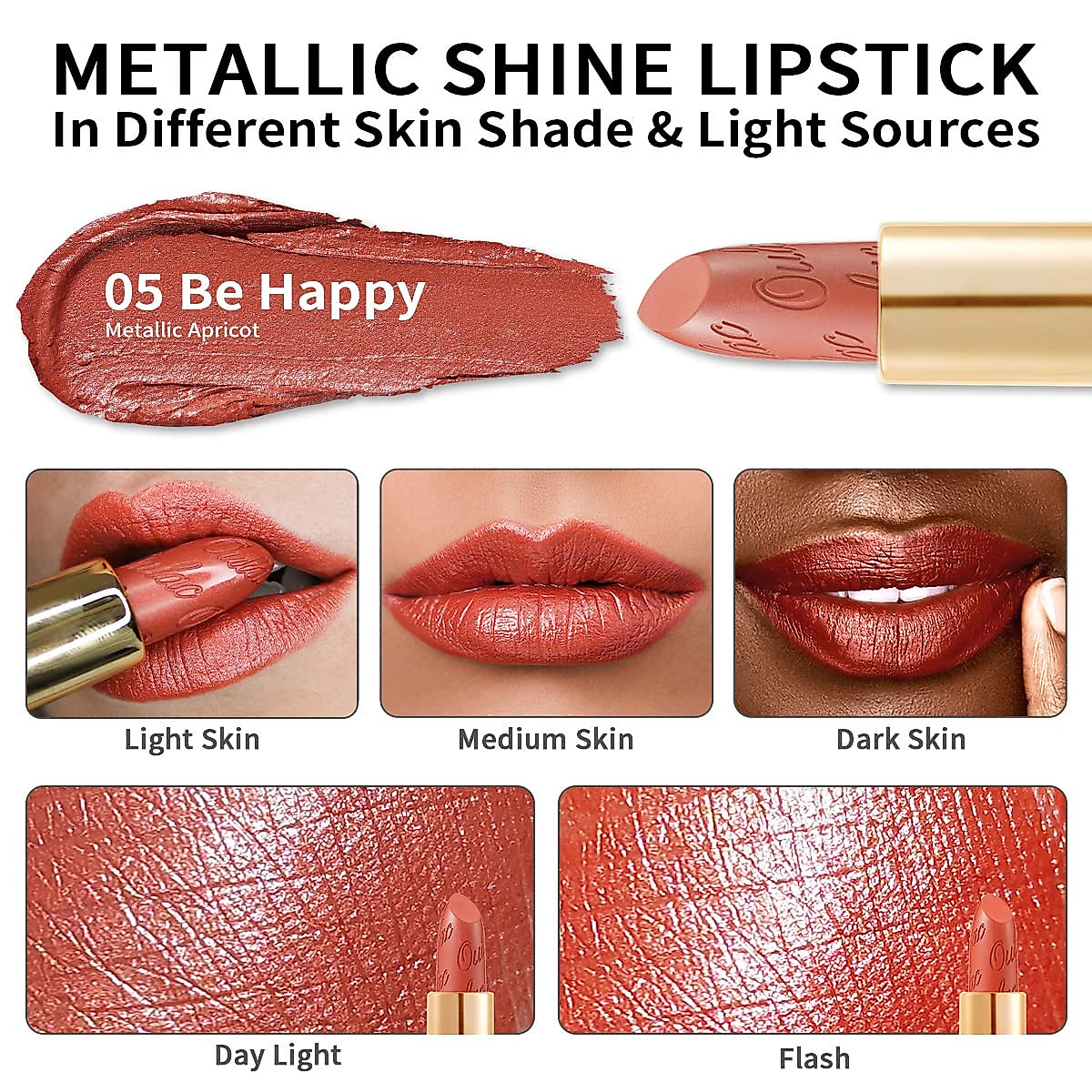 Oulac Coral Orange Lipstick for Women with Metallic 3D Shine Lightweight Hydrating Formula, High Impact Lip Color, Vegan Beauty, Full Coverage Lip Makeup, Be Happy(05)