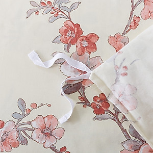 Eikei Garden Chinoiserie Floral Duvet Quilt Cover Asian Porcelain Style Tree Blossom and Birds Blue and White Watercolor Pattern 300tc Cotton Percale Bedding Set (Twin, Cream Red)