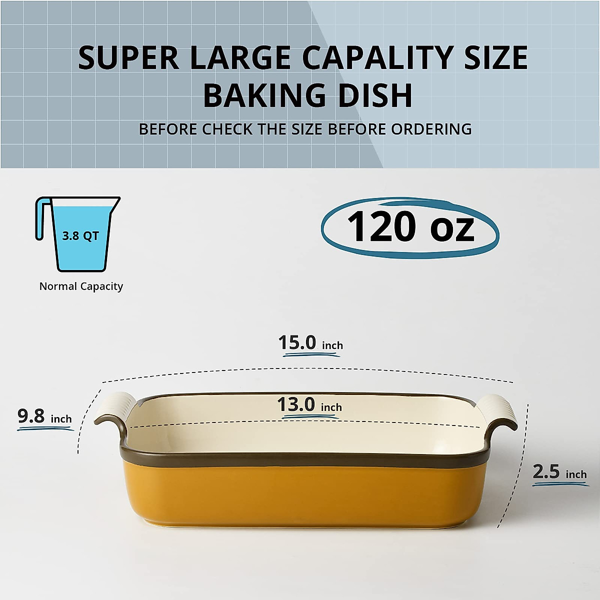 LIFVER Baking Dish, 9x13 Baking Pan, 120 Oz Large Lasagna Pan Deep, Ceramic Bakeware, Rectangular Casserole Dishes for Cooking Roasting Turkey Lasagna, Gifts for Baker, 3.8 Qt