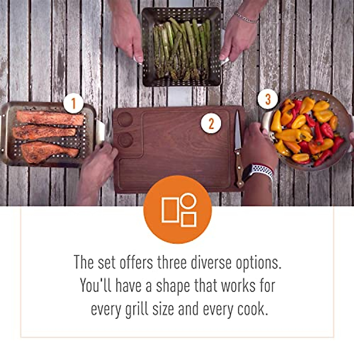 Yukon Glory Grill Basket 3-Piece Mini Grilling Basket Set - Stainless Steel Perforated Grill Baskets for Grilling Veggies Seafood and Meats Includes Grill Pan - Square Basket and Circular Basket