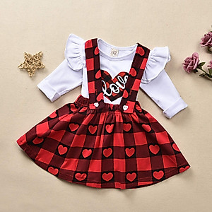 Toddler Baby Girls Valentines Day Outfits Suspender Skirt Striped Plaid Love Heart Clothes (Red, 6-12 Months)