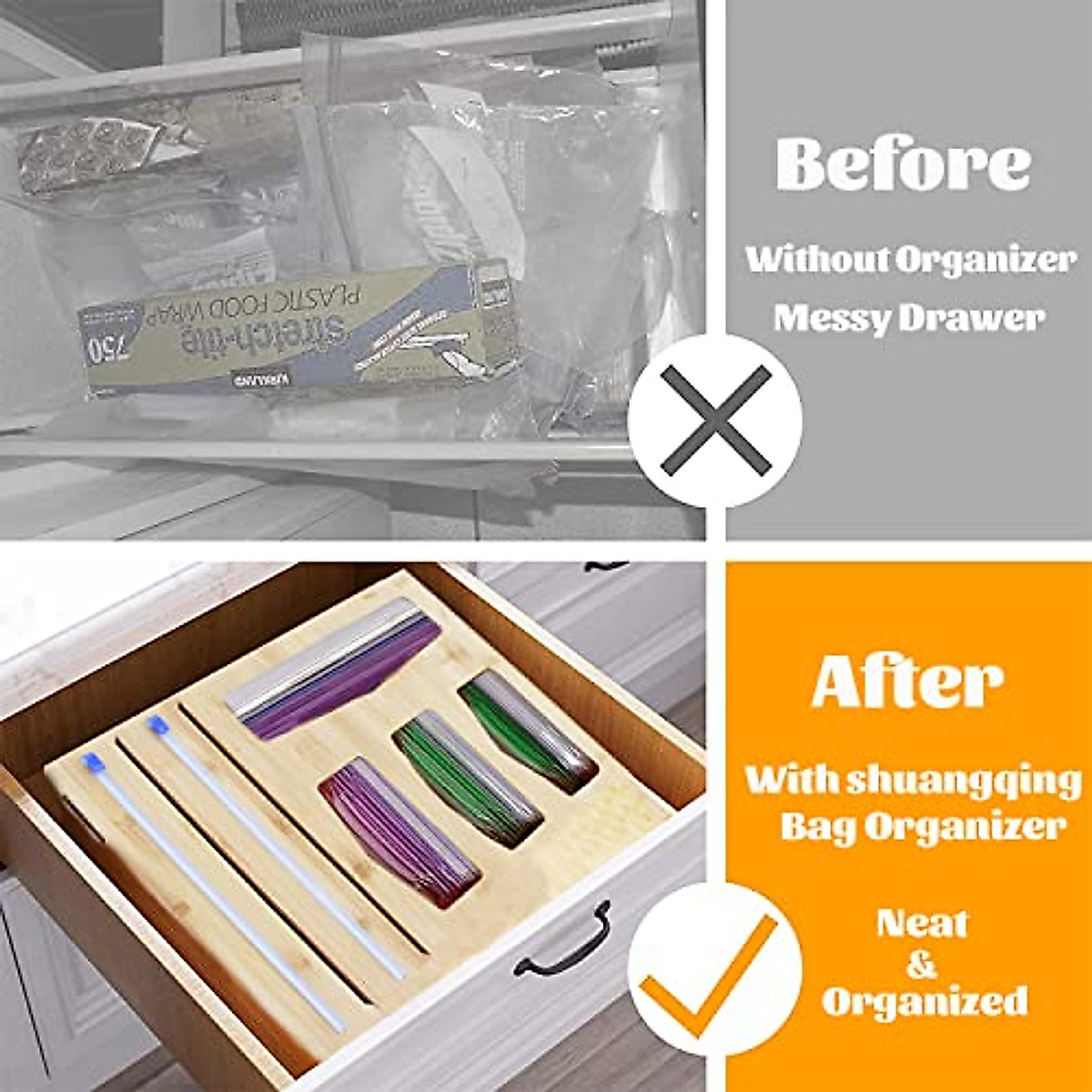 shuang qing Ziplock Bag Storage Organizer, Bamboo Food Bags Container for Kitchen Drawer Compatible Compatible With Ziploc, Solimo, Glad, Hefty For Gallon, Quart, Sandwich