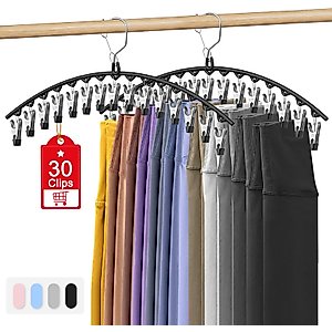 Upgrade Skirt Pants Hangers with Clips, Legging Organizer for Closet Hanging with 15 Cilps Holds 30 Leggings/Shorts/Jeans/Skirts Pants Hangers Space Saving Closet Organizers and Storage, Black 2Pack