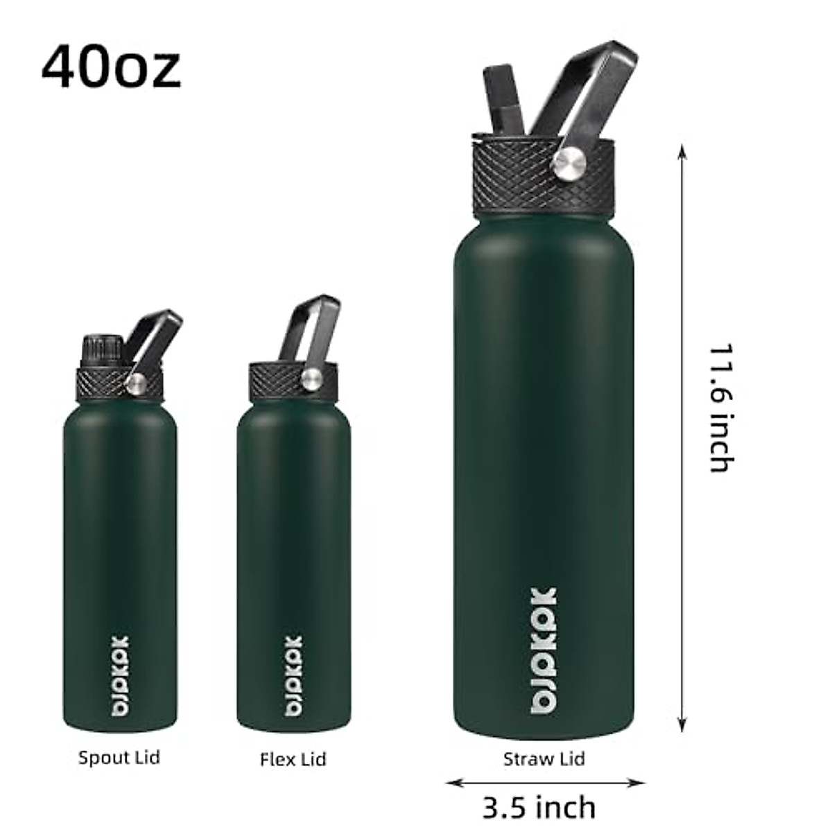 BJPKPK Insulated Water Bottles with Straw Lid, 40oz Stainless Steel Water Bottles with 3 Lids, Large Metal Water Bottle, BPA Free Leakproof Thermos Water Bottle for Sports & Gym- Army Green