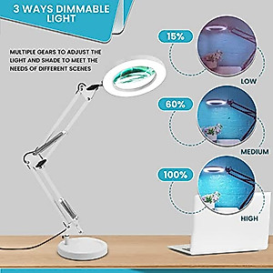 Magnifying Glass with Light and Stand - 2-in-1 Stepless Dimmable LED Magnifying Desk Lamp with Clamp - 3 Color Modes Lighted Magnifier Lens Swivel Arm Light for Reading, Craft, Close Works