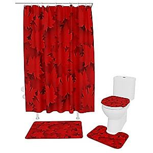4 Pcs Shower Curtain Set with 12 Hooks Canada National Day Red Maple Leaves Bathroom Sets with Non-Slip Bath Mat Toilet Lid Cover Waterproof Durable Shower Curtain and Rugs