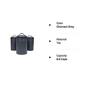 Kitchen Canisters, Set of 3 for Countertop Storage of Coffee, Food, Charcoal Grey Metal, All One-Size, Airtight Lids, Modern Farmhouse Industrial (8 Inches High with Lids, 4.5 Inches Diameter)