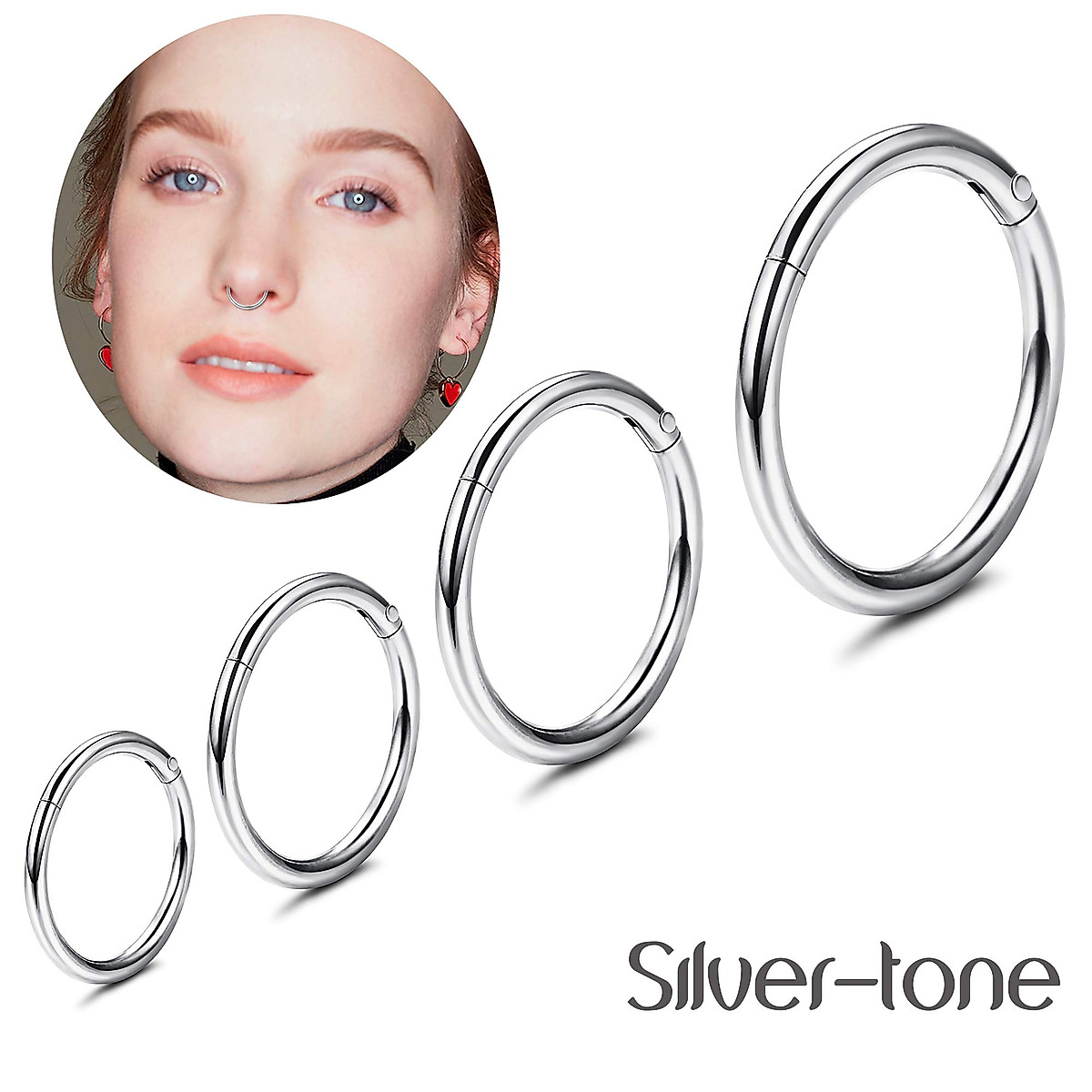 Jstyle 8Pcs 18G Stainless Steel Hinged Clicker Segment Nose Ring Hoop Piercing for Men Women Cartilage Daith Tragus Sleeper Earrings Improved Clasp 6-12MM,Silver Tone