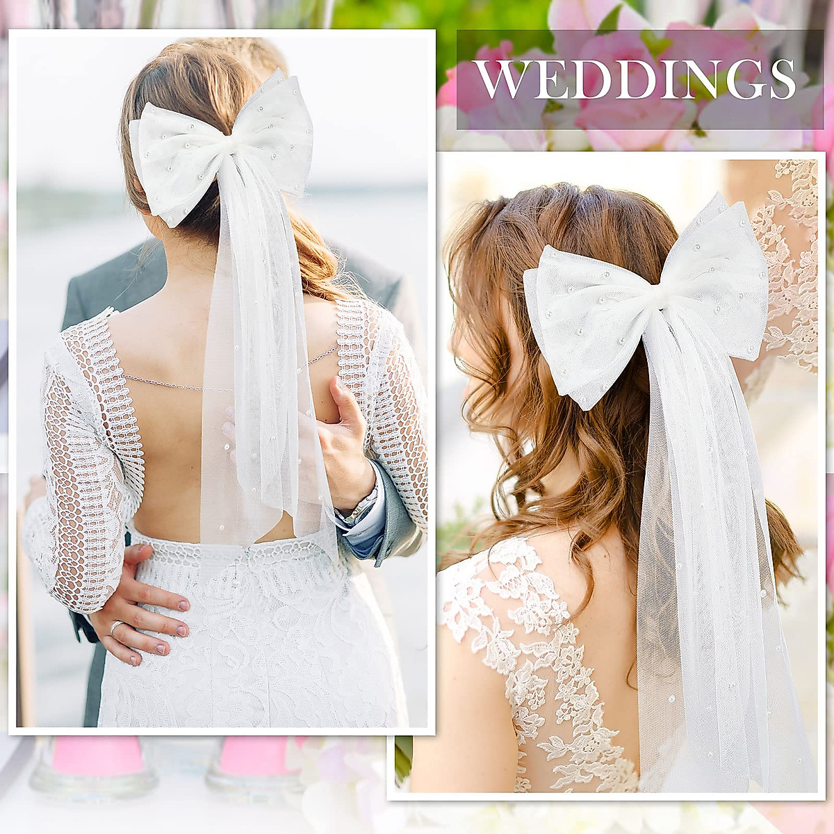 Juinte Bridal Hair Bow Veil Bachelorette Party Pearl Hair Clip Wedding Veil Bride Accessories Bridesmaid Favors Large Bow with Barrette Bachelorette Party Decorations (White, Pearl)