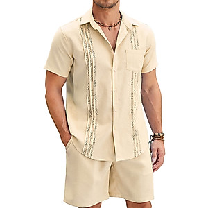 COOFANDY Guayabera Linen Suit for Men Mexican Style Beach Vacation Outfits Sets