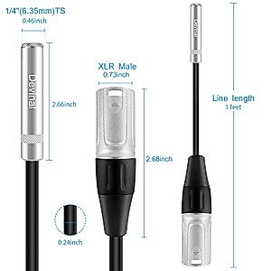 Devinal XLR Male to 1/4" Female calbe, 3 Pin Male to 6.35mm Socket Audio Cord, XLR Plug to TS/TRS Quarter inch Adapter Connector Converter Metal Construction 1 feet (30 cm)