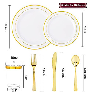 WELLIFE 96 Pcs Gold Plastic Plates, Disposable Gold Plates with Cups and Silverware, Gold Dinnerware Set Ideal Includes: 16 Dinner Plates 10.25", 16 Salad Plates 7.5", 16 Cutlery and Cups