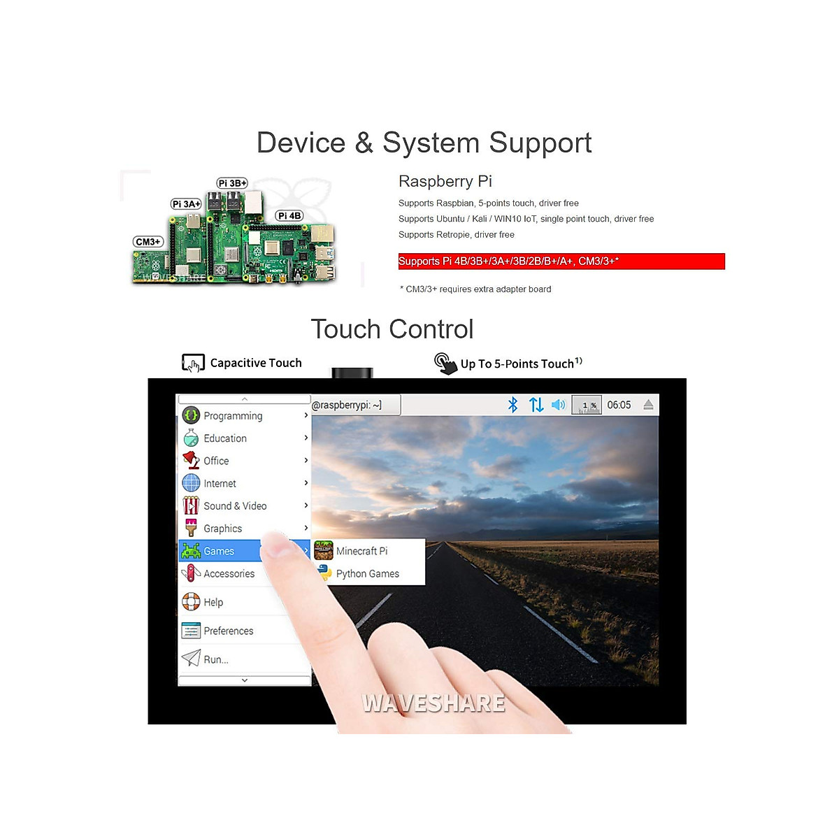 Waveshare 5 Inch Touch Screen for Raspberry Pi DSI LCD Screen Monitor 800×480 Display for Raspberry Pi 4B 3B+ 3A+ 3B 2B B+ A+ CM3/3+ Compatible with Raspbian Ubuntu Kali WIN10 IoT RetroPie