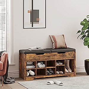 Hasuit Shoes Bench, Entryway Bench with Storage, Shoe Rack with 2 Lift Top Storage Boxes and 10 Compartments, Shoes Organizer for Entryway, Bedroom, Length 41.3‘’(Accent Brown)