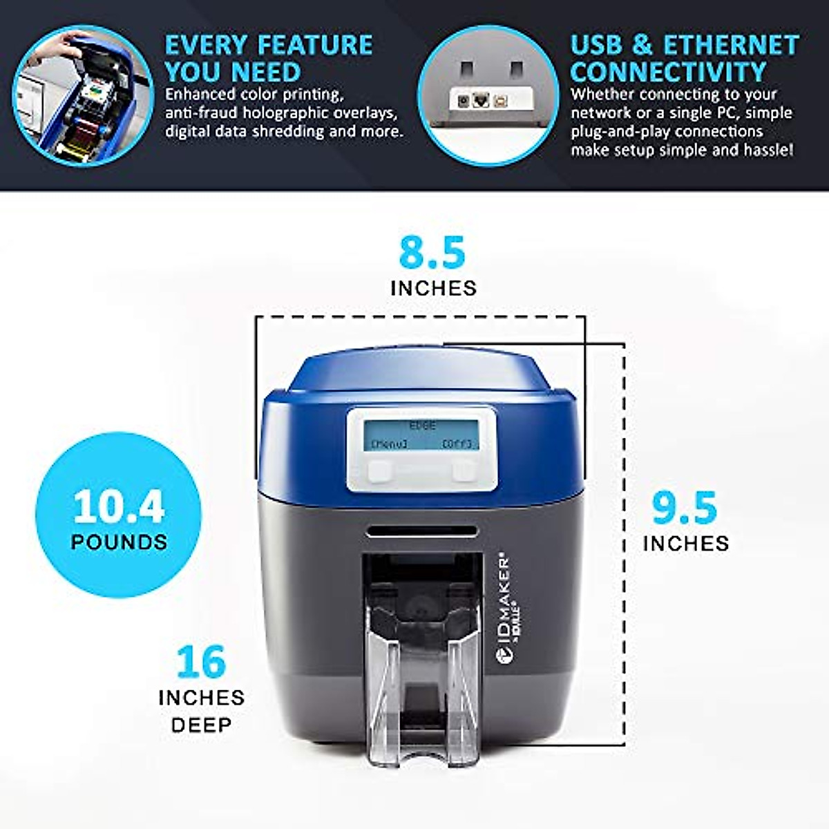 ID Maker Edge 2 Sided Card Printer & Supply Kit for Badge Printing - Print Professional Quality Identification Card, Premium Software & Camera - Magnetic Stripe Encoder, 200-Print Color, 100 PVC Cards