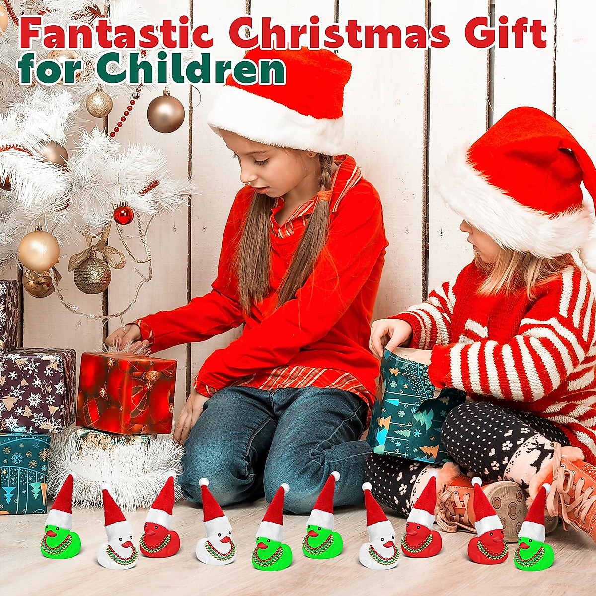 Sanwuta Christmas Rubber Ducks with Hats Bulk 2'' Xmas Duckies with Mini Santa Hat and Metal Chain Small Rubber Duck Bathtub Toys for Christmas Party Gift Kids Goodie Bag Filler(48 Set)