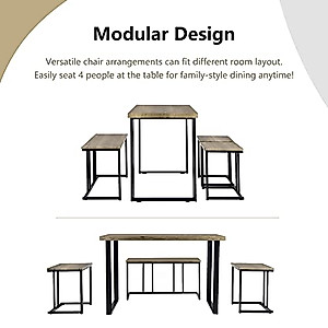 COSTWAY 4 Piece Dining Table Set, Modern Counter Height Kitchen Table Set for 4 w/Bench & 2 Stools, Sturdy Iron Structure, Space-Saving Dining Table and Chair Set for Home Pub Breakfast, Oak Grey