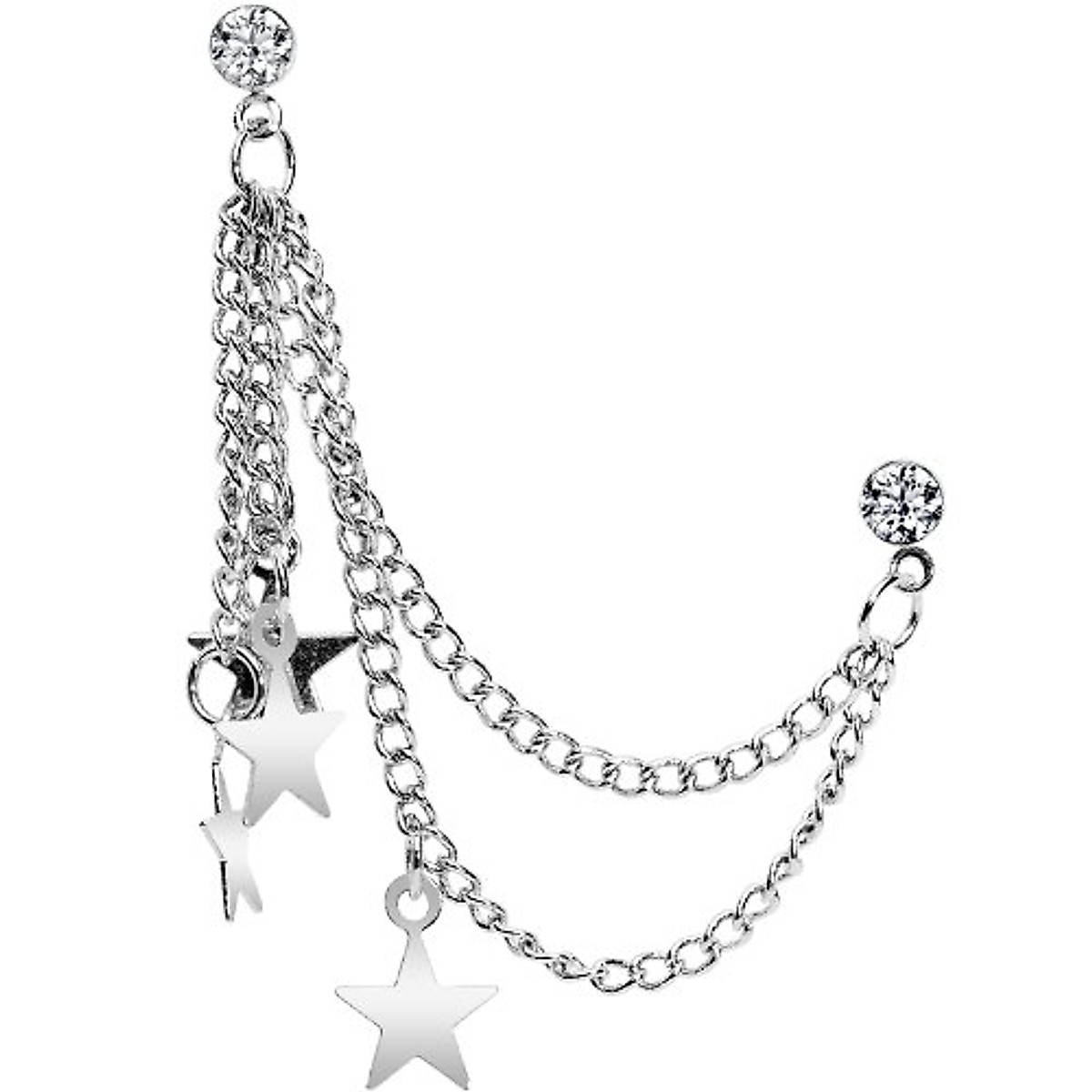 Body Candy Clear Four Star Double Chain Ear to Cartilage Stud Earrings