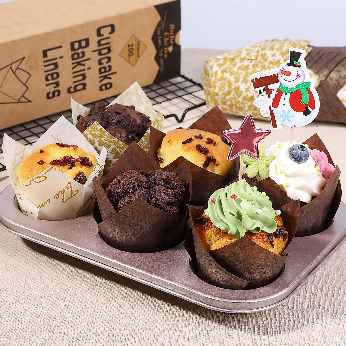 Bake Choice Nordic Paper 200pcs Tulip Cupcake Liners for baking cups with Fancy White design with Gold leaves EU Parchment paper Tulip Muffin liners, Cupcake Wrappers for Party, Wedding, Birthday