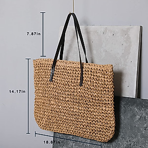 Straw Bag Women Straw Woven Tote Large Beach Handmade Weaving Shoulder Bag Handbag (2 in 1 style-Khaki)