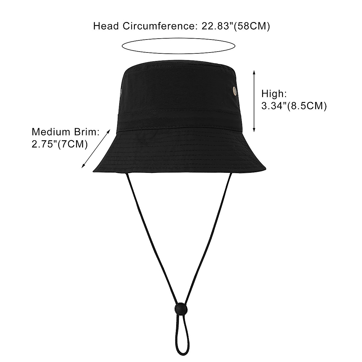 DOCILA Black Bucket Hat for Men Women with Vent Holes Waterproof Fishing Camping Cycling Sun Hat Packable Outdoor Fast-drying Strings Fisherman Cap
