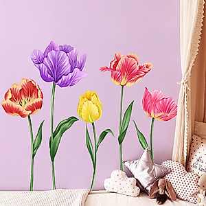 DTLIFEK 5 Large Tulip Flowers Wall Decals Garden Floral Wall Stickers Watercolor Colorful Tulips Green Plants Leaves Wall Art Vinyl DIY Removable Kids Girls Bedroom Living Room Nursery Home Decoration