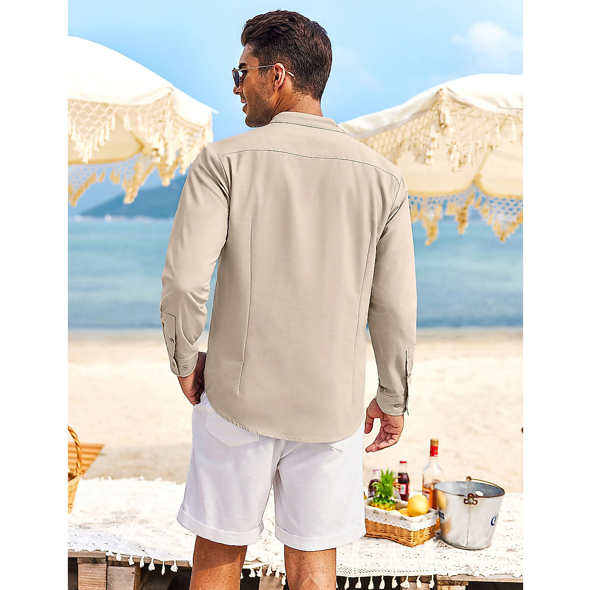 COOFANDY Men's Linen Beach Shirt Shirts Casual Long Sleeve Button Down Linen Cuban Camp Collarless Solid Shirt Khaki