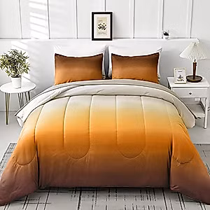 Gradient Brunt Orange Comforter Set Queen 7 Pieces Ombre Abstract Bed in a Bag Set for All Season - Lightweight Microfiber Bedding Set with Comforter, Pillowcases, Pillow Shams, Flat/Fitted Sheet