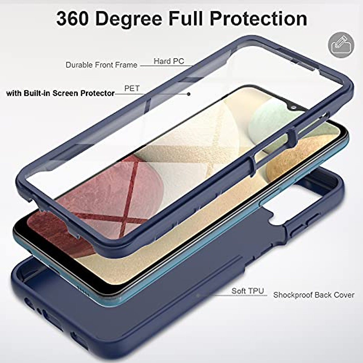 for Samsung Galaxy A12 Case with Built-in Screen Protector, Full Body Protection Shockproof Cover Case, [Rugged PC Front Bumper + Soft TPU Back Cover] Armor Protective Phone (Navy Blue), GTPY-SA12-B