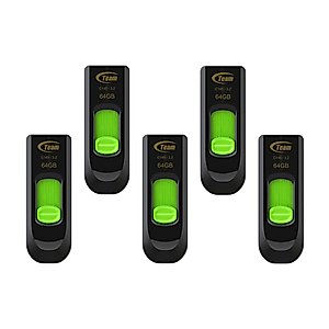 TEAMGROUP C145 64GB 5 Pack USB 3.2 Gen 1 (3.1/3.0) Read 100MB/s Flash Thumb Drive, External Data Storage Memory Stick Compatible with Computer/Laptop (Black-Green) TC145364GG21