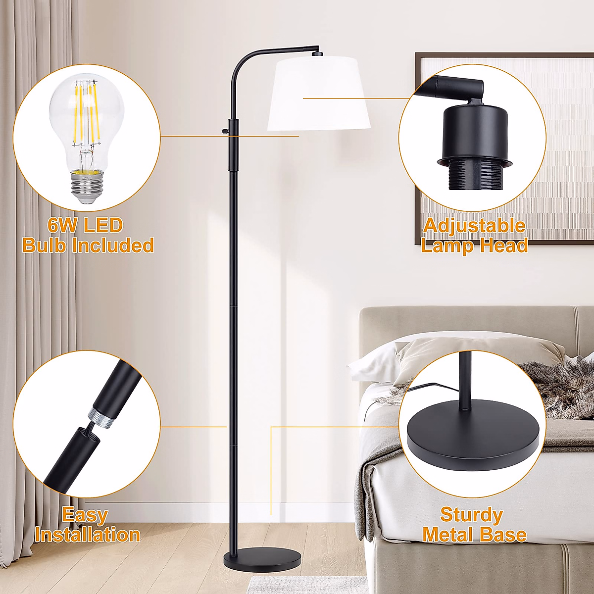 Jeagop Dimmable Floor Lamp, Arc Floor Lamps for Living Room with Adjustable Hanging Shade, Modern Standing Tall Lamp for Living Room Bedroom Office, 1000 Lumens LED Bulb Included