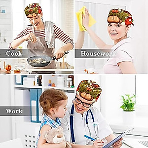 Happy Thanksgiving Acorns Bouffant Working Cap with Ribbon Tie for Women Long Hair, Scrub Surgical Hat, One Size Head Cover