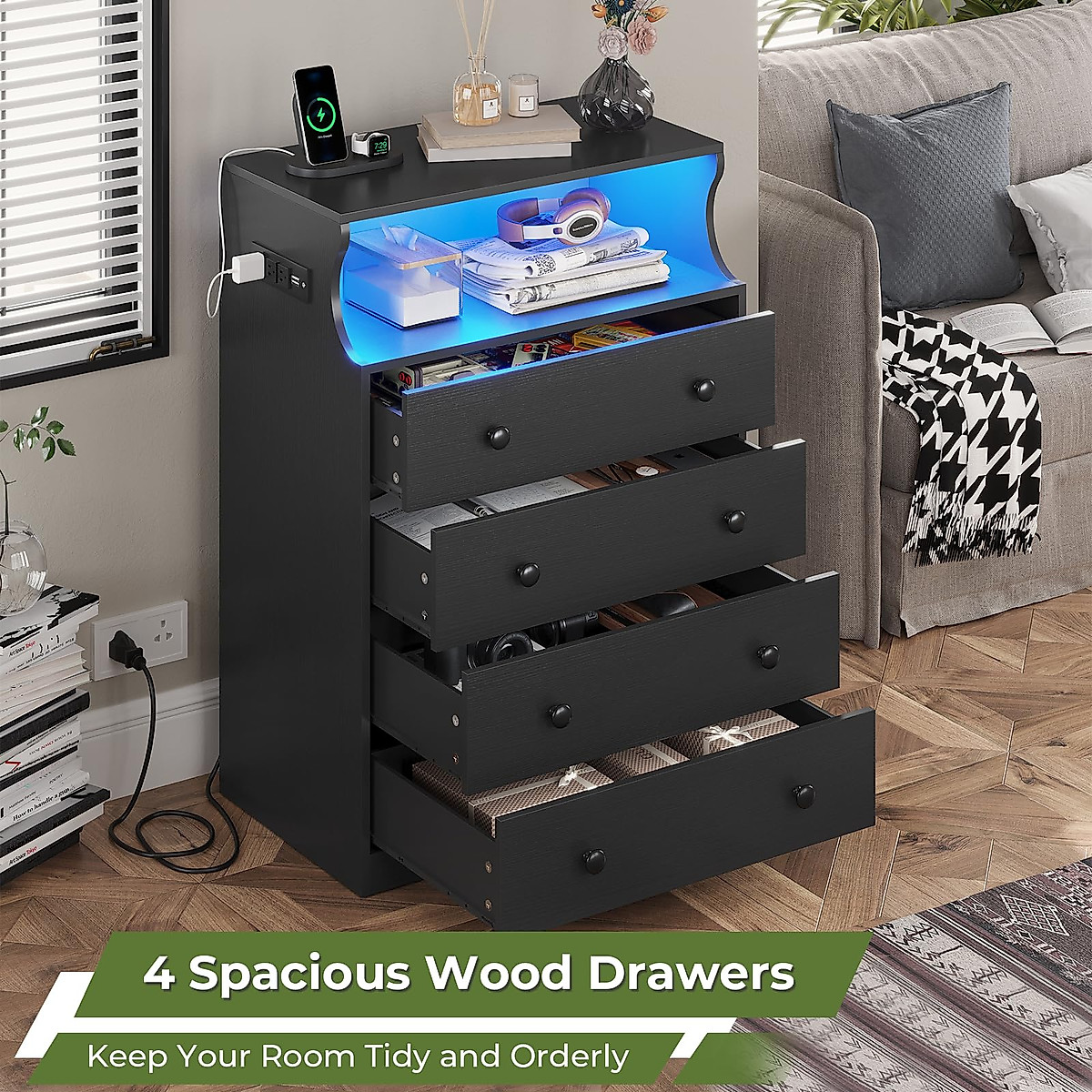 DICTAC Black Drawer Dresser for Bedroom with LED Lights, Chest of 4 Drawers with Charging Station, Tall Dresser with Large Storage Space, Wooden Storage Tower Organizer