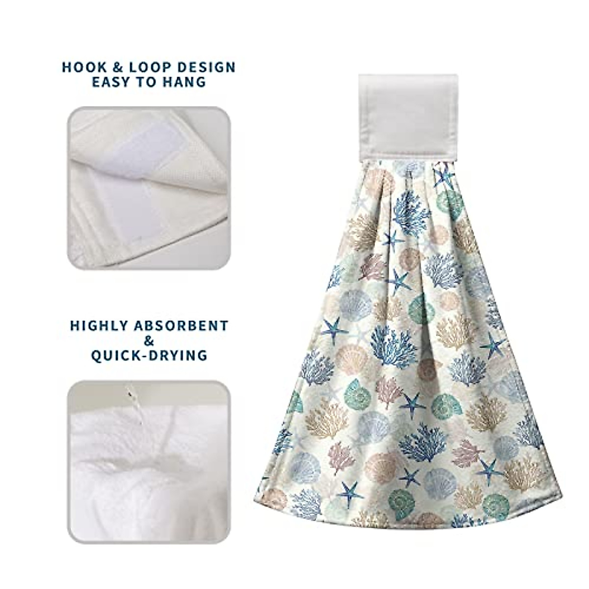 Kwlegh Summer Starfish Hanging Kitchen Towels Set of 2 Coastal Seashells Tie Towels Beach Bathroom Hand Towels Soft Absorbent Dish Towels with Hanging Loop for Bathroom Kitchen 12x17 Inch