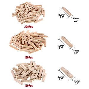 Hilitchi 900Pcs 6mm 8mm 10mm L Fluted Wood Dowel Pins & 1/4” 5/16” 3/8" L Fluted Wood Dowel Pins