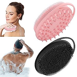 2 Pack Silicone Body Scrubber, 2 in 1 Bath and Shampoo Brush, Soft Silicone Loofah for Sensitive Skin, Double-Sided Body Brush for Men Women, Lathers Well, Gentle Exfoliating (Black, Pink)