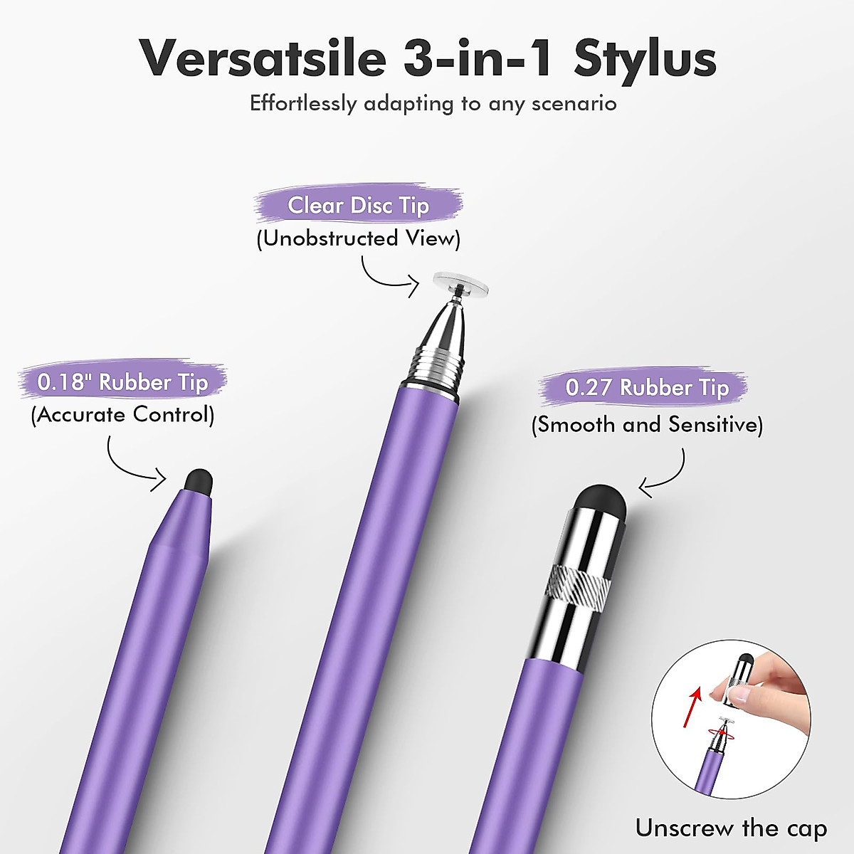 MEKO 3 in 1 Stylus Pens for Touch Screens, High Sensitivity & Precision Capacitive Stylus Pencil for Apple iPad iPhone Tablets Samsung Galaxy All Universal Touchscreen Devices (2 Pack-Silver/Purple)